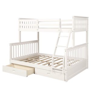 DS-HOMEPORT Twin Over Full Bunk Bed with Two Storage Drawers, Wooden Bunk Beds Frame w/Safety Guardrail ＆ Ladder, Soild Wood Space-Saving Bunkbed for Bedroom Kids Teens Adults(White)