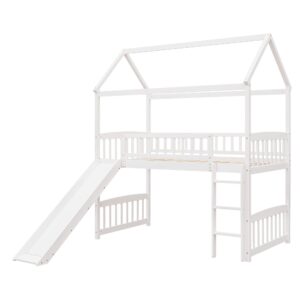 BOVZA Twin Size House Loft Bed with Convertible Slide and Ladder, Wood House Loft Bed with Roof and Safety Guardrails for Kids Boys Girls Bedroom, White