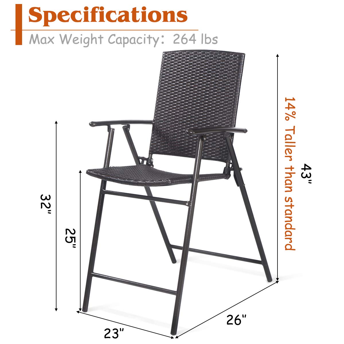 HAPPYGRILL Folding Wicker Rattan Bar Chairs Set of 4, Patio Tall Stool with Back, Steel Frame, Armrests and Footrest Bar Chairs for Garden Patio Furniture Set