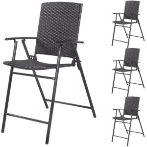 happygrill folding wicker rattan bar chairs set of 4, patio tall stool with back, steel frame, armrests and footrest bar chairs for garden patio furniture set