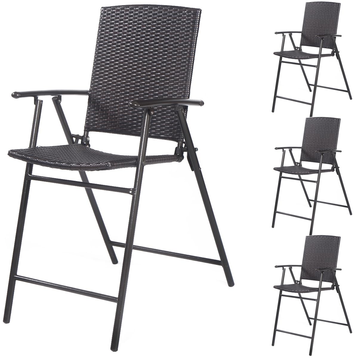 HAPPYGRILL Folding Wicker Rattan Bar Chairs Set of 4, Patio Tall Stool with Back, Steel Frame, Armrests and Footrest Bar Chairs for Garden Patio Furniture Set