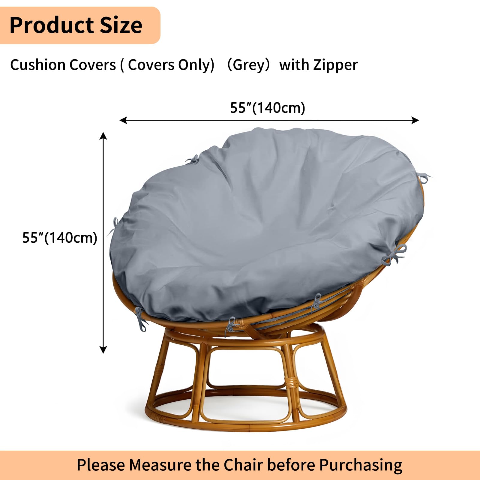 COSHNIBI Papasan Cushion Cover, 420D Waterproof Removable Zipper Chair Cushion Cover, 55L*55H Inches Suitable for Indoor and Outdoor Use (Gray)