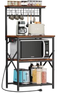 furologee kitchen bakers rack with power outlet, microwave oven stand with storage 4 tiers, coffee bar table with 6 s hooks, kitchen storage shelf rack for spices, pots, rustic brown