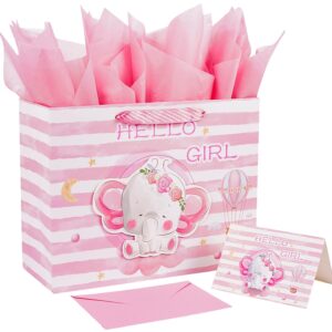 JWSCYSY 12.6" Large Baby Girl Gift Bag with Tissue Paper and Greeting Card for Baby Shower, Birthday, New Parents, and More (3D Pink Elephant Design)