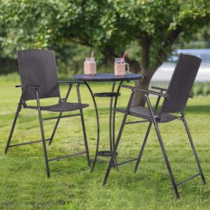 HAPPYGRILL Folding Wicker Rattan Bar Chairs Set of 4, Patio Tall Stool with Back, Steel Frame, Armrests and Footrest Bar Chairs for Garden Patio Furniture Set