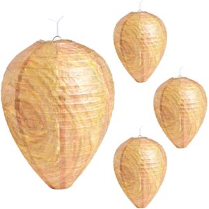 zeedix 4 pack hanging paper fake wasp nest decoy for outdoor, home and garden(8.66"×11",warm color)