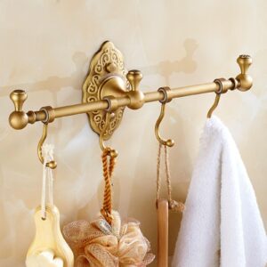 Antique Brass Bathroom Towel Hook Rack,Bath Coat Rack Hook Wall Mounted Towel Rail Bar with 4 Hooks,Brushed Bronze Bath Robe Hanger Vintage Coat Hook Rack Holders,Kitchen Lavatory Hot Tub Accessories