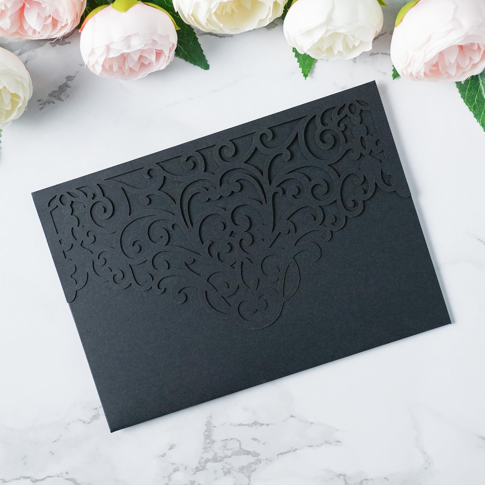 ponatia 20PCS Black Laser Cut Wedding Invitations Pockets, Tri-fold 5x7 Laser Cut Invitation Pockets for Wedding Bridal Shower Quinceanera 15 Anos Invite (No Envelopes & Inner Sheets)