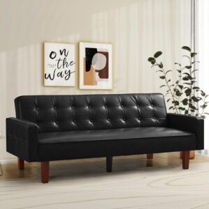 iululu futon sofa bed, modern convertible faux leather sleeper couch with armrests for studio, office, apartment, compact living, game room, overnight guests, retro black