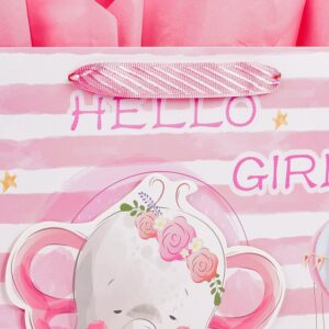 JWSCYSY 12.6" Large Baby Girl Gift Bag with Tissue Paper and Greeting Card for Baby Shower, Birthday, New Parents, and More (3D Pink Elephant Design)