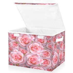 digtia pink roses storage bins with lids large valentines day flower storage basket with handles foldable fabric storage box organizer for clothes toys closet cabinet home office bedroom