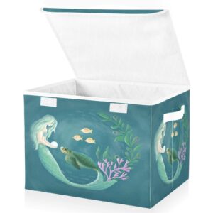 digtia summer mermaid turtle storage bins with lids large pearl sea ocean green storage basket with handles foldable fabric storage box organizer for clothes toys closet cabinet home office bedroom