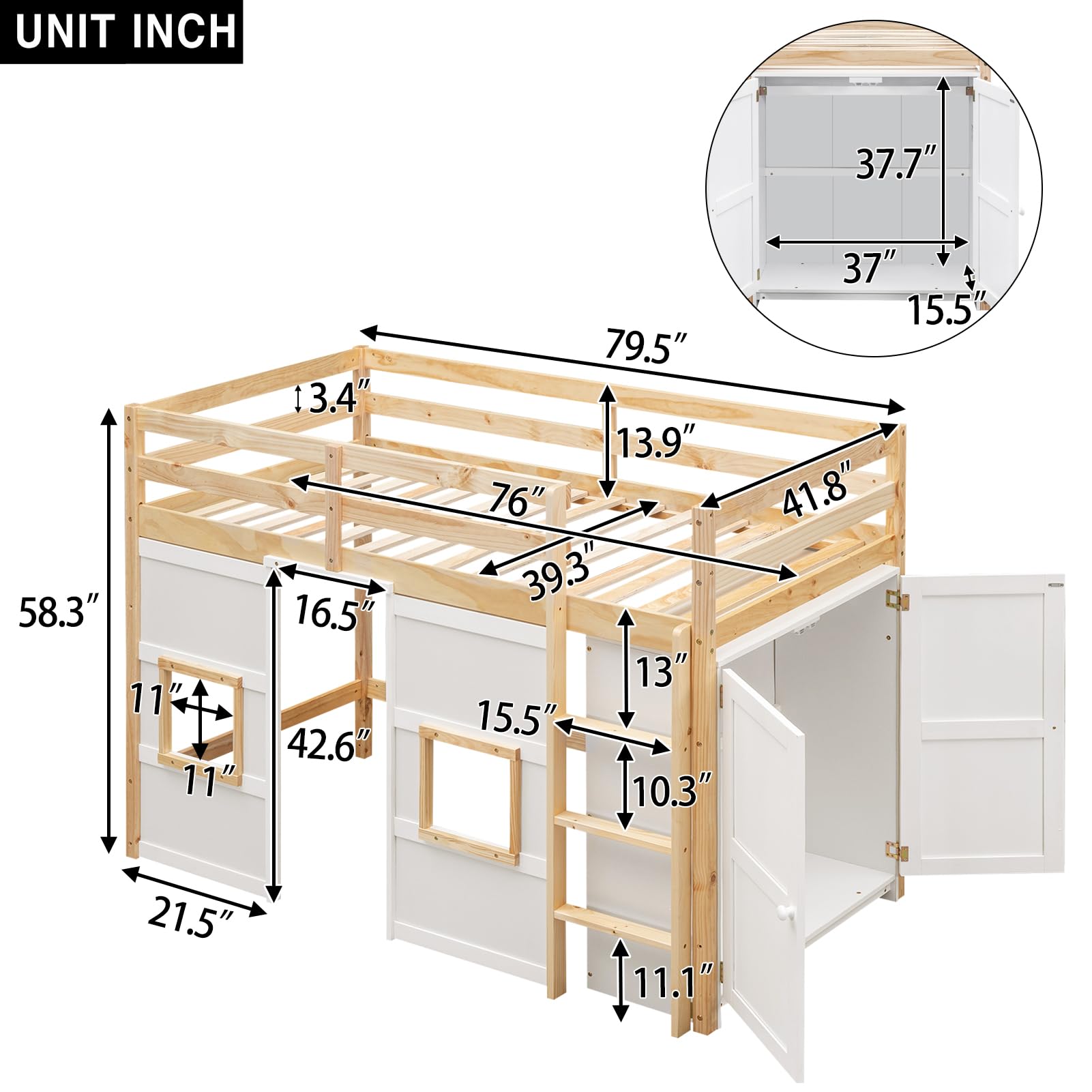 VilroCaz Playhouse Design Twin Size Loft Bed with Built-in Storage Wardrobe and 2 Windows, Solid Wood Loft Bed Frame with Safety Guardrail for Kids Teens Boys Girls, Space-Saving (Whit+Natural)