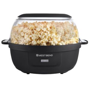 west bend stir crazy hot oil popcorn popper, popcorn maker machine with large serving bowl lid and stirring rod, 6 qt, black