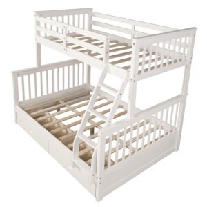 DS-HOMEPORT Twin Over Full Bunk Bed with Two Storage Drawers, Wooden Bunk Beds Frame w/Safety Guardrail ＆ Ladder, Soild Wood Space-Saving Bunkbed for Bedroom Kids Teens Adults(White)