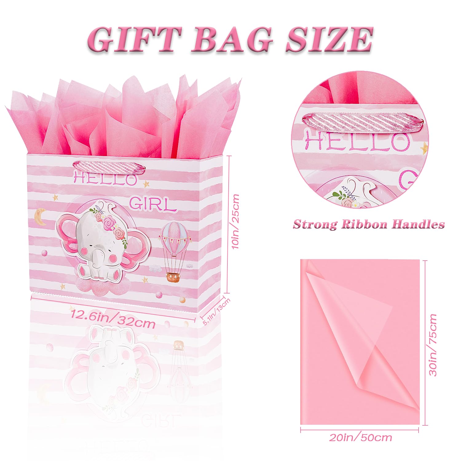 JWSCYSY 12.6" Large Baby Girl Gift Bag with Tissue Paper and Greeting Card for Baby Shower, Birthday, New Parents, and More (3D Pink Elephant Design)