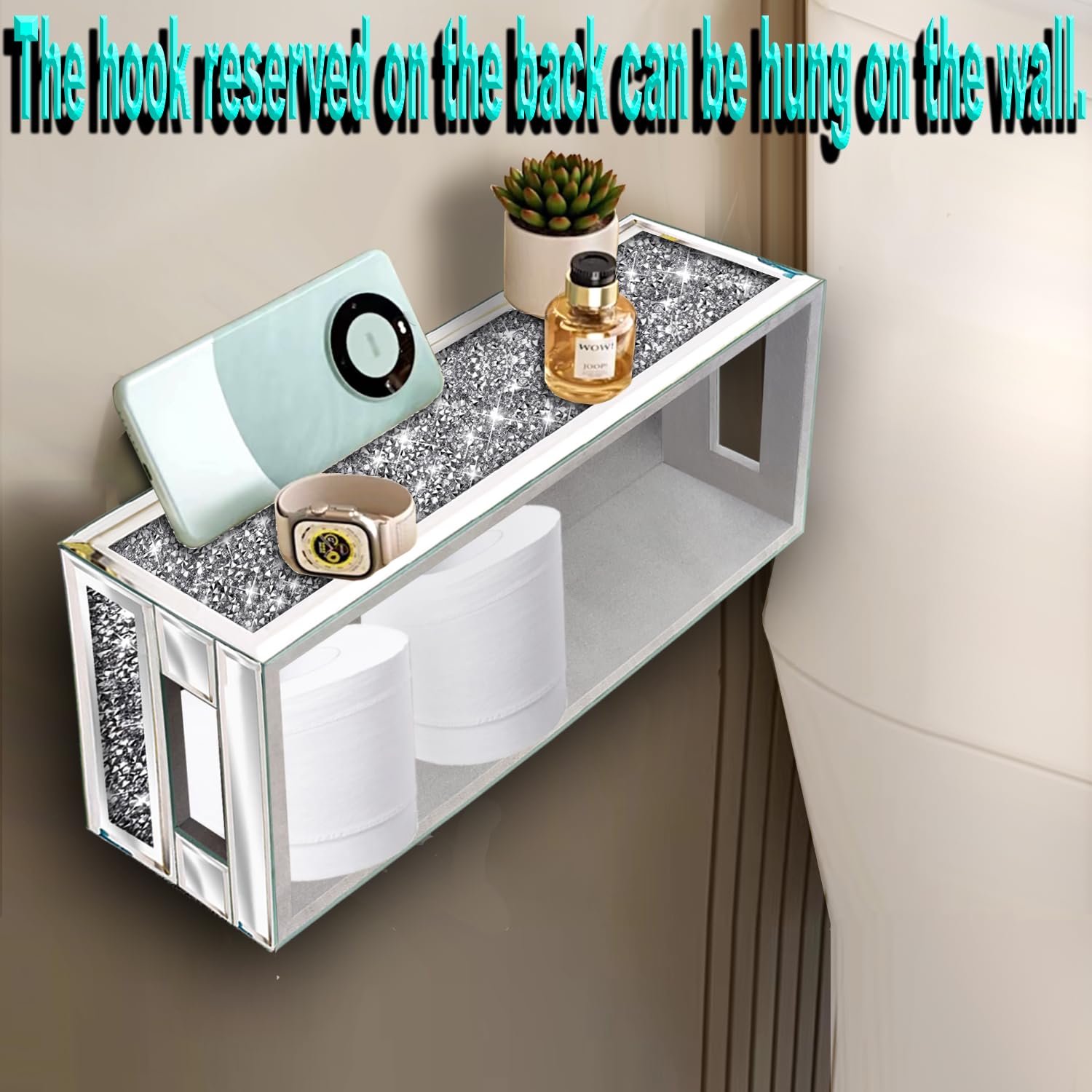 Wocred Bathroom Basket Toilet Tank,Crushed Diamond Mirrored Bathroom Tray Wall-Mounted,Silver Storage Organizer fits Dresser Bedroom,Bathroom,Coffee Table.(15”x7”x3.8”)