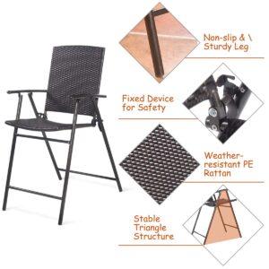 HAPPYGRILL Folding Wicker Rattan Bar Chairs Set of 4, Patio Tall Stool with Back, Steel Frame, Armrests and Footrest Bar Chairs for Garden Patio Furniture Set