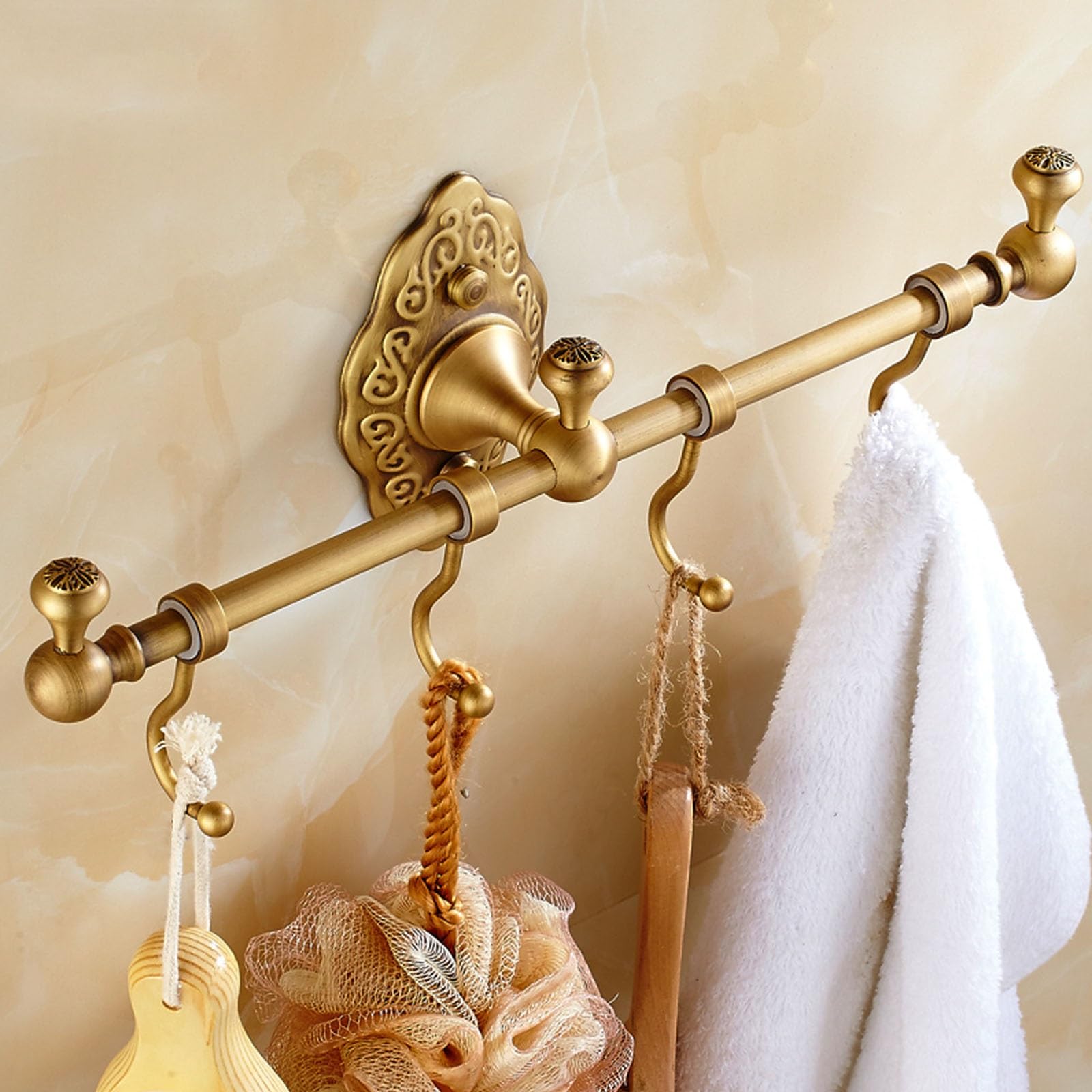 Antique Brass Bathroom Towel Hook Rack,Bath Coat Rack Hook Wall Mounted Towel Rail Bar with 4 Hooks,Brushed Bronze Bath Robe Hanger Vintage Coat Hook Rack Holders,Kitchen Lavatory Hot Tub Accessories