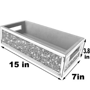 Wocred Bathroom Basket Toilet Tank,Crushed Diamond Mirrored Bathroom Tray Wall-Mounted,Silver Storage Organizer fits Dresser Bedroom,Bathroom,Coffee Table.(15”x7”x3.8”)