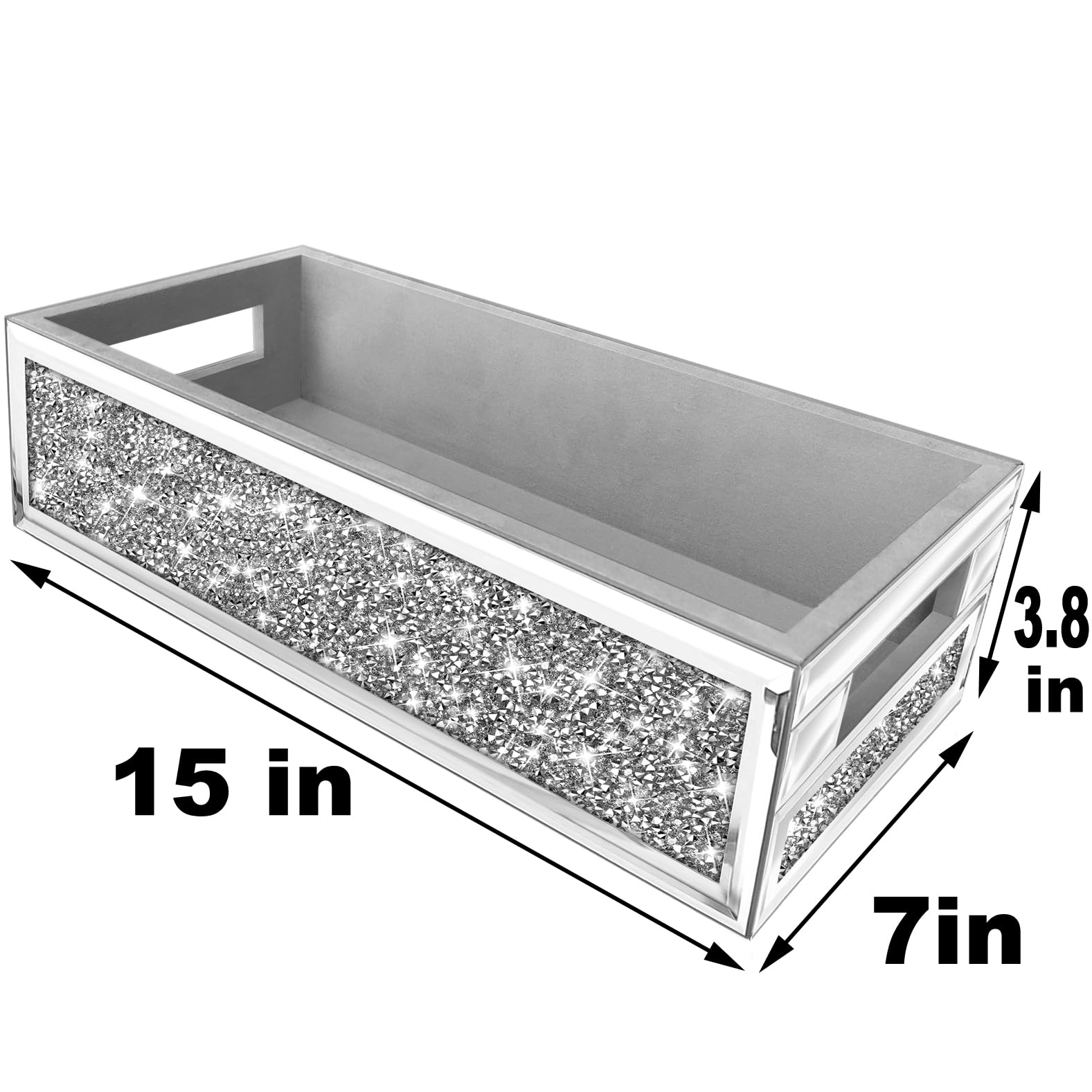 Wocred Bathroom Basket Toilet Tank,Crushed Diamond Mirrored Bathroom Tray Wall-Mounted,Silver Storage Organizer fits Dresser Bedroom,Bathroom,Coffee Table.(15”x7”x3.8”)