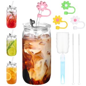 cobeda glass cups with lids and straws 4pcs set, iced coffee cups with lids and straw cover, cleaning brush, cup brush, 16oz glass tumbler with straw and lid