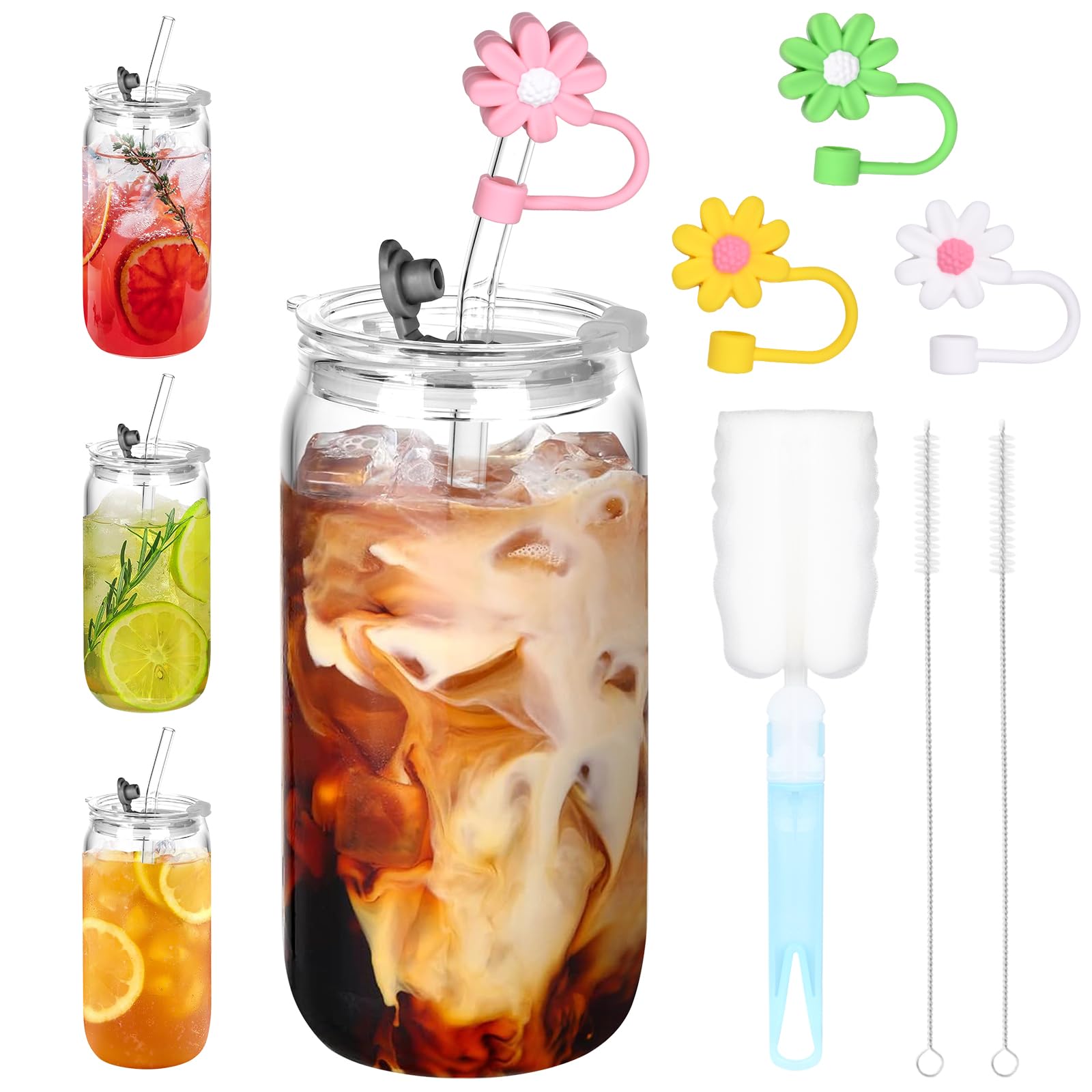 Cobeda Glass Cups with Lids and Straws 4pcs Set, Iced Coffee Cups with Lids and Straw Cover, Cleaning Brush, Cup Brush, 16oz Glass Tumbler with Straw and Lid