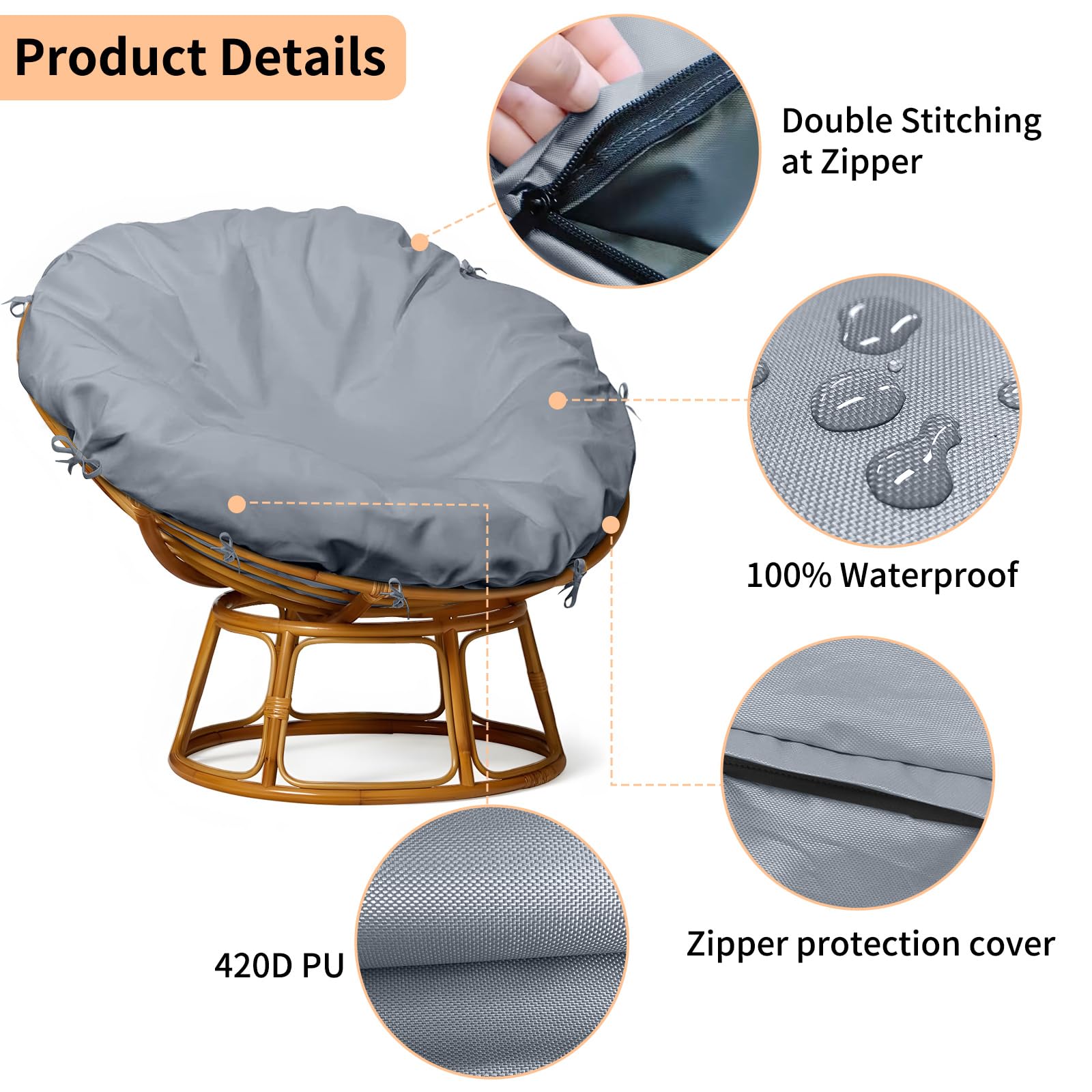 COSHNIBI Papasan Cushion Cover, 420D Waterproof Removable Zipper Chair Cushion Cover, 55L*55H Inches Suitable for Indoor and Outdoor Use (Gray)