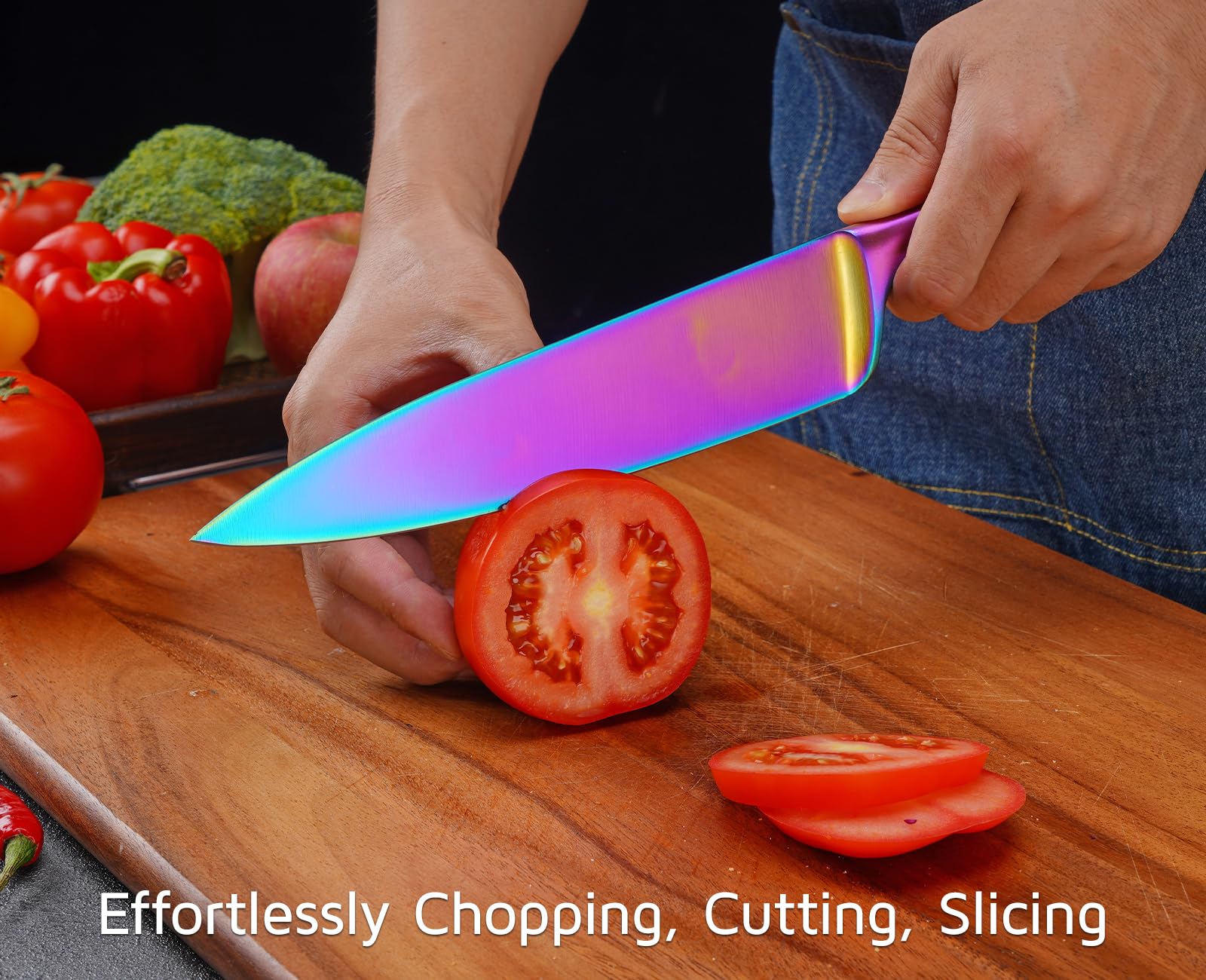 WELLSTAR Kitchen Knife Set 5 Piece, Razor Sharp German High Carbon Stainless Steel Blade, Chef Bread Carving Utility Paring Knives for Culinary Chopping Cutting Slicing and Peeling - Rainbow