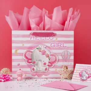 JWSCYSY 12.6" Large Baby Girl Gift Bag with Tissue Paper and Greeting Card for Baby Shower, Birthday, New Parents, and More (3D Pink Elephant Design)