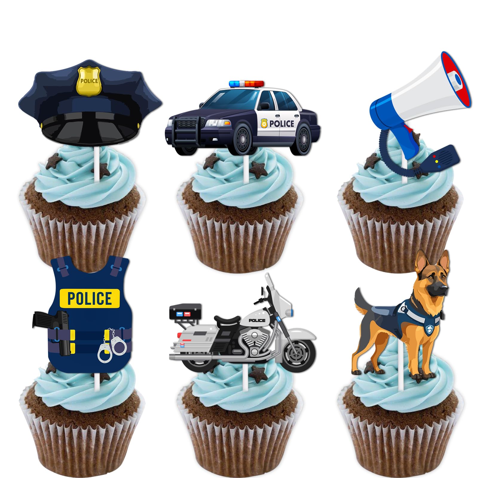 18pcs Blue Glitter Dessert Cupcake Topper Congrats Officer Policeman Theme Decor Supplies Boys Girls 2024 College Graduation Party Decorations