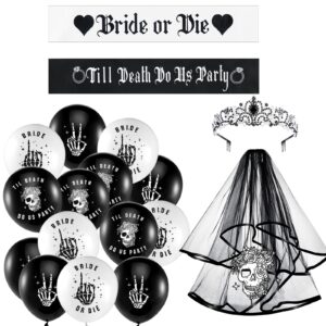 norme 39 pcs bride or die bachelorette party decorations set bride crown bachelorette sash skull black bridal wedding veil with comb party balloons for bridal shower bride bachelorette accessories