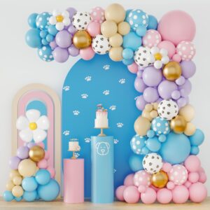 ouddy life 176pcs blue balloons arch garland kit, blue birthday decorations girl with dog paw bone daisy flower pink blue purple blush balloons for girls boy puppy birthday party baby shower decor