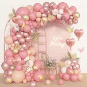 ouddy life 174pcs boho blush pink balloons arch garland kit, retro dusty pink balloons nude rose gold confetti for girls baby shower mother’s day weddings birthday bachelorette party decorations