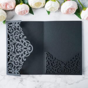 ponatia 20pcs black laser cut wedding invitations pockets, tri-fold 5x7 laser cut invitation pockets for wedding bridal shower quinceanera 15 anos invite (no envelopes & inner sheets)