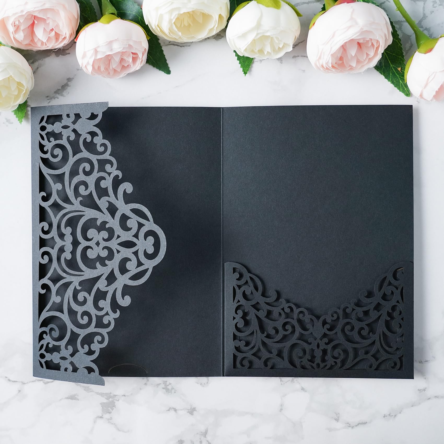 ponatia 20PCS Black Laser Cut Wedding Invitations Pockets, Tri-fold 5x7 Laser Cut Invitation Pockets for Wedding Bridal Shower Quinceanera 15 Anos Invite (No Envelopes & Inner Sheets)