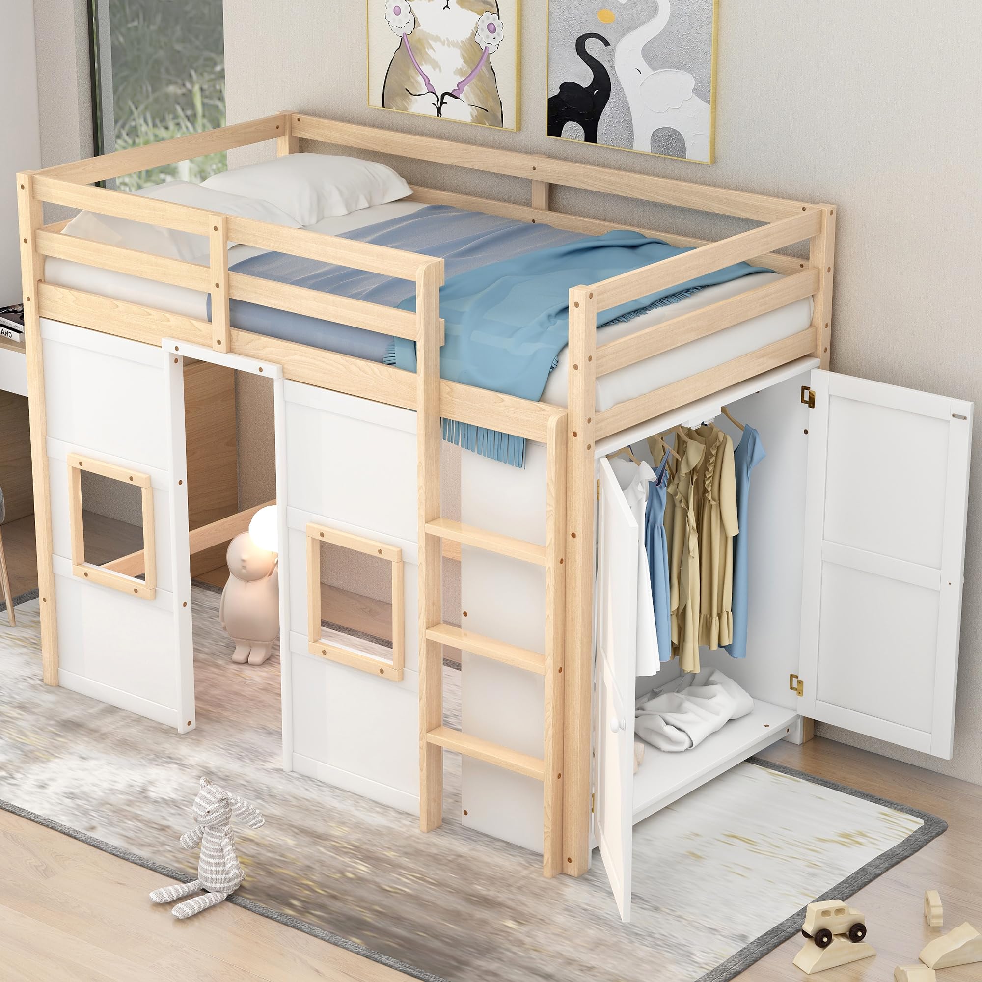 VilroCaz Playhouse Design Twin Size Loft Bed with Built-in Storage Wardrobe and 2 Windows, Solid Wood Loft Bed Frame with Safety Guardrail for Kids Teens Boys Girls, Space-Saving (Whit+Natural)