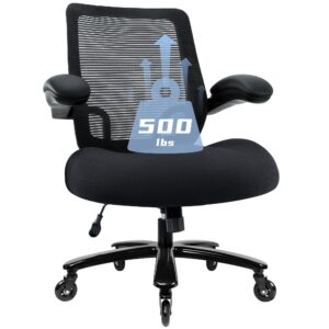 500lbs big and tall office chair - heavy duty mesh ergonomic desk chair, high back computer chair - flip-up armrests, wide thick seat cushion, quiet wheels