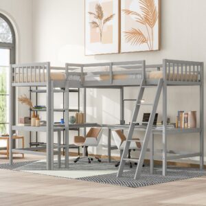 citylight l-shaped loft bed with 2 built-in l-shaped desks,wood twin size loft bed with desk underneath for kids,double loft beds with guardrails and ladders for boys girls teens,grey