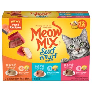 meow mix paté in gravy wet cat food variety pack, surf n’ turf patés 2.75 ounce (pack of 12)