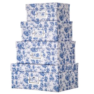 briful blue and white porcelain storage boxes, photos storage boxes with lids 4 in 1 set water-proof gift boxes sets decorative multiple size storage bins for clothes/shoes/office/cosmetic/books