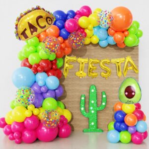 ouddy life 121pcs mexican fiesta taco party decorations, fiesta balloon arch garland kit cinco de mayo decor with cactus avocado taco mexican hat for carnival festival birthday baby shower supplies