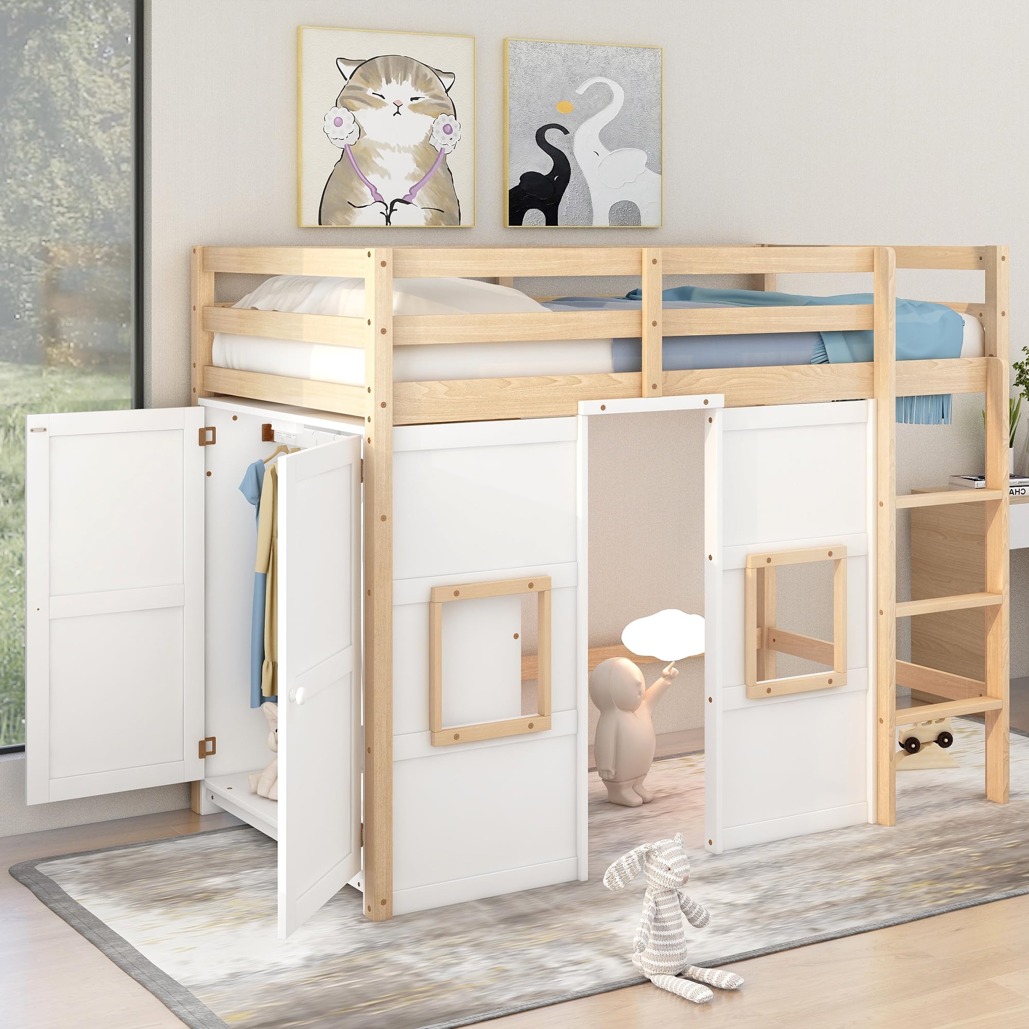 VilroCaz Playhouse Design Twin Size Loft Bed with Built-in Storage Wardrobe and 2 Windows, Solid Wood Loft Bed Frame with Safety Guardrail for Kids Teens Boys Girls, Space-Saving (Whit+Natural)