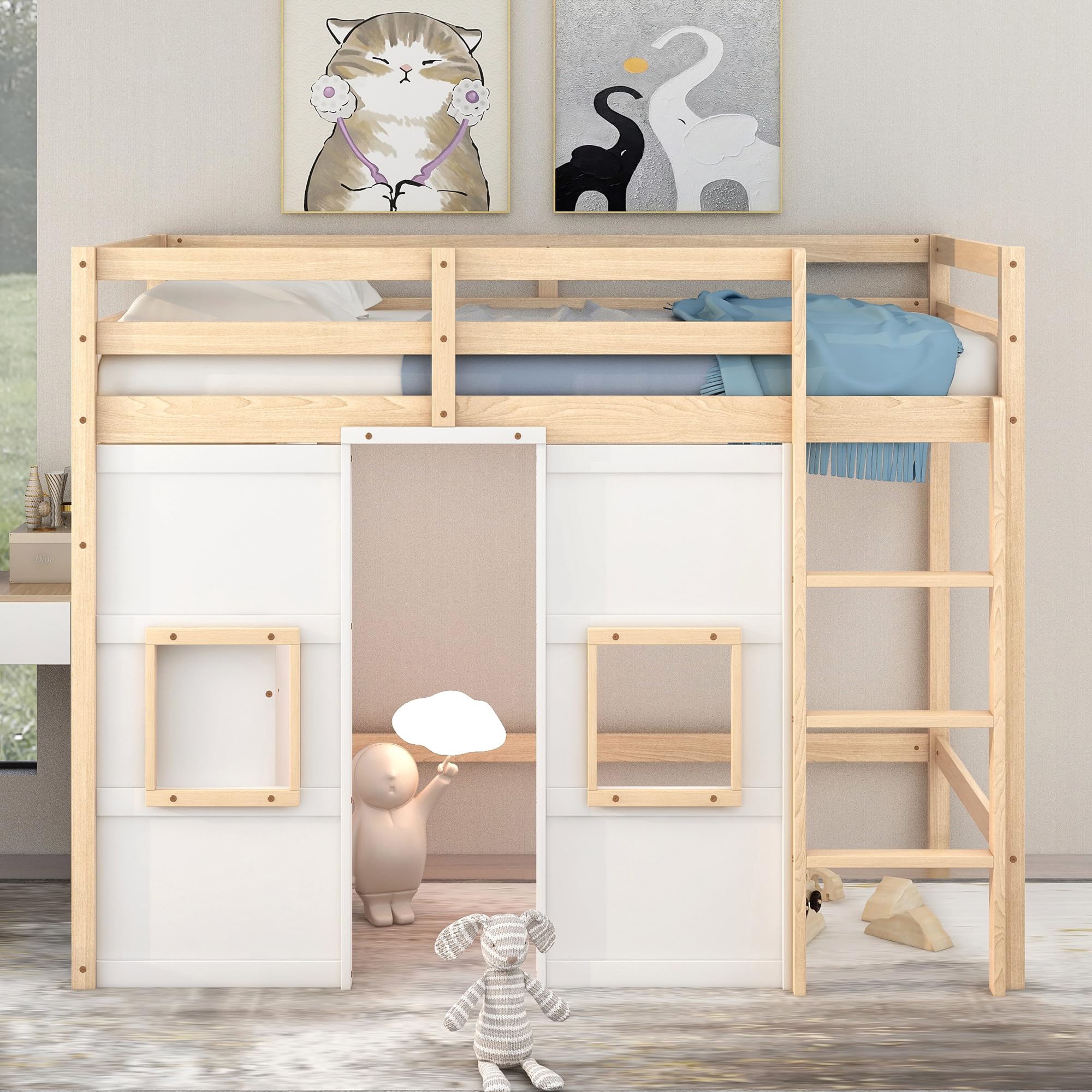 VilroCaz Playhouse Design Twin Size Loft Bed with Built-in Storage Wardrobe and 2 Windows, Solid Wood Loft Bed Frame with Safety Guardrail for Kids Teens Boys Girls, Space-Saving (Whit+Natural)