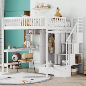 modern wood full size loft bed with bookshelf,desk and wardrobe,drawers and storage stairs,for kids boys girls teens adults bedroom (white@wardrobe, full)