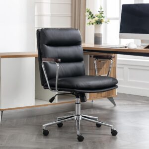 okeysen leather office chair, modern desk chair with removable wooden armrests, ergonomic mid-back conference room chairs with wheels, adjustable swivel rolling chair for home office.