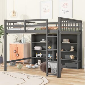 softsea full size loft bed with storage, solid wood loft bed with open storage shelves, multi-functional loft bed frame with ladder for kids boys girls teens, gray