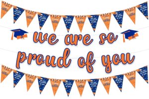 fangleland we are so proud of you banner, orange blue graduation pennant banner decorations 2025, congrats grad triangle hanging flag, class of 2025 graduate ceremony party supplies