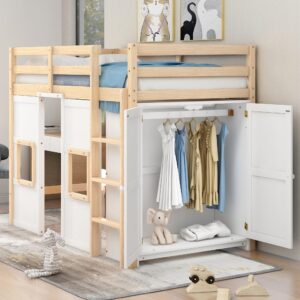 VilroCaz Playhouse Design Twin Size Loft Bed with Built-in Storage Wardrobe and 2 Windows, Solid Wood Loft Bed Frame with Safety Guardrail for Kids Teens Boys Girls, Space-Saving (Whit+Natural)