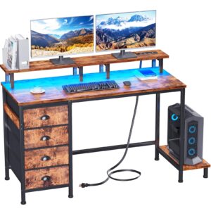 furologee computer desk with 4 fabric drawers, 47" gaming desk with power outlets and led lights, home office desk with full monitor stand and shelf, study writing desk for bedroom, rustic brown